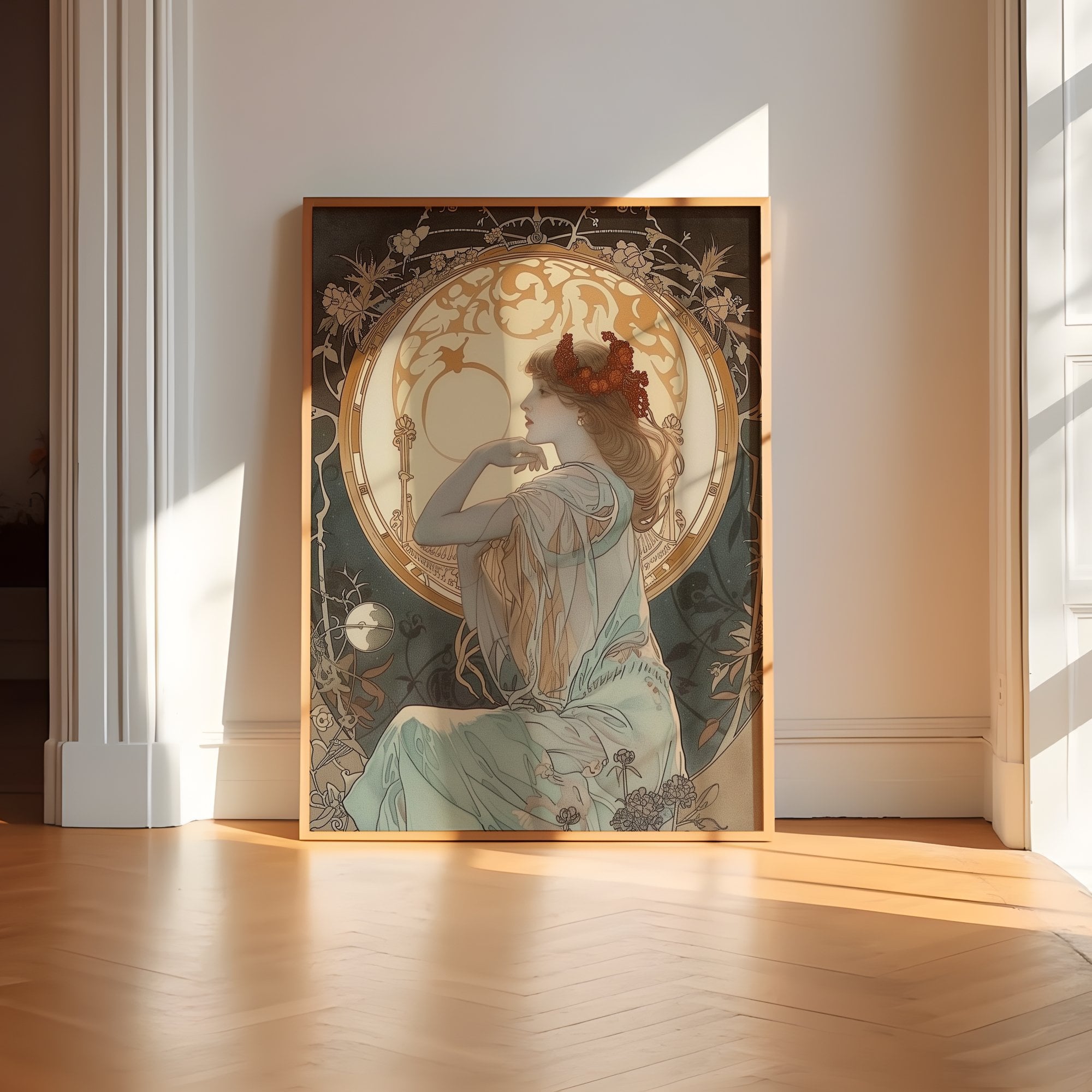 Moon Goddess Reverie: Alphonse Mucha Inspired Woman Portrait, Vintage ...