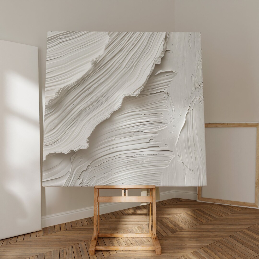 Modern White Wave: 3D Texture Minimalist Abstract on Flat Framed Canvas ...