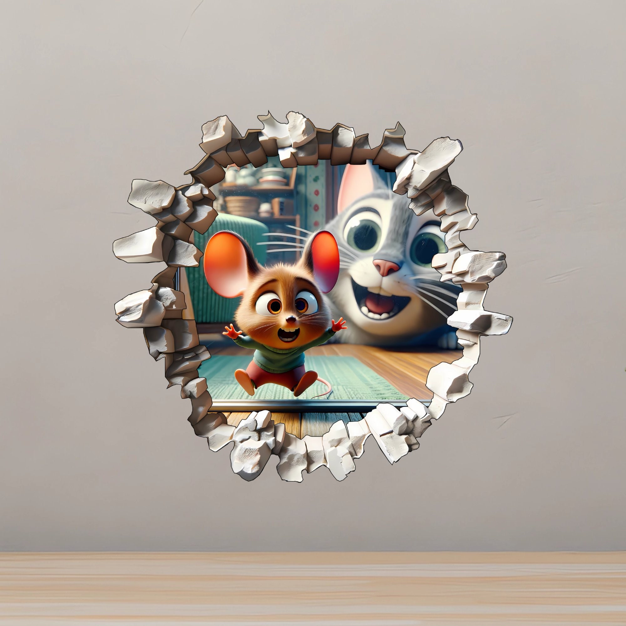 Scared Cute Mouse Mouse Hole Decal Running Away From Cat Whimsical Wall ...
