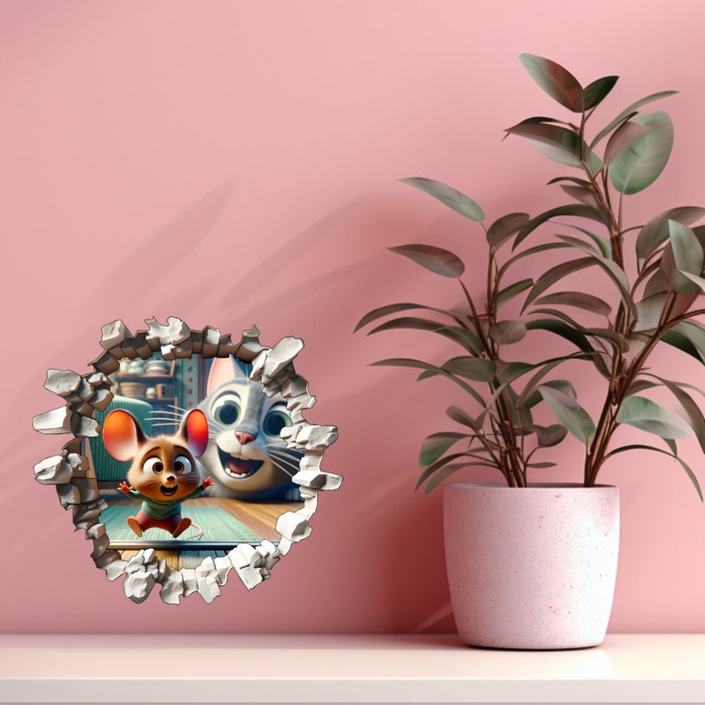 Scared Cute Mouse Mouse Hole Decal Running Away From Cat Whimsical Wall ...