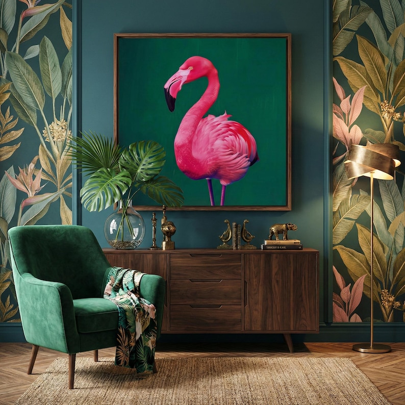 Arte mural de flamenco rosa brillante: colores neón con fondo verde ...