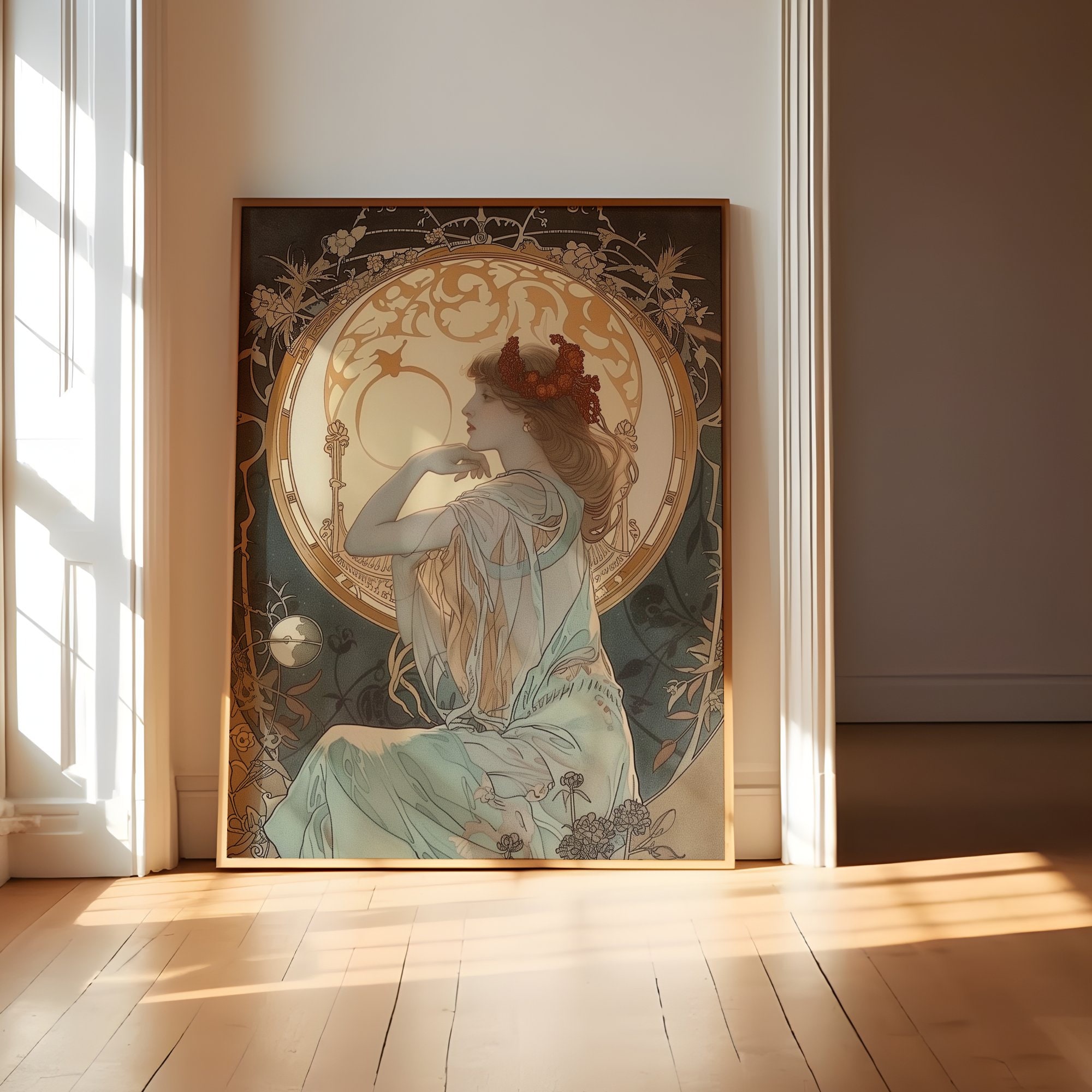 Moon Goddess Reverie: Alphonse Mucha Inspired Woman Portrait, Vintage ...