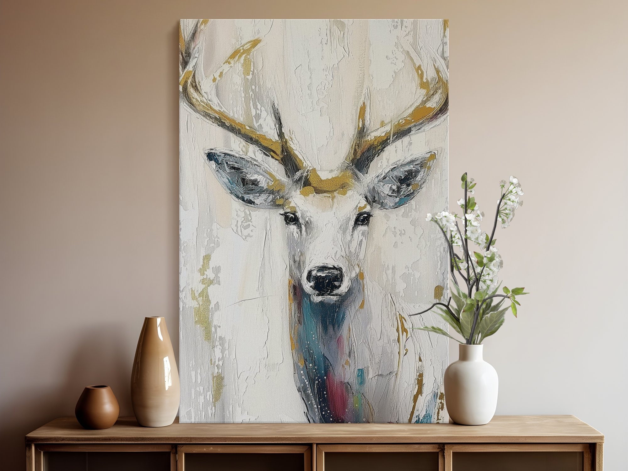 Large Deer Wall Art: Abstract Deer Painting, Modern Canvas Decor ...