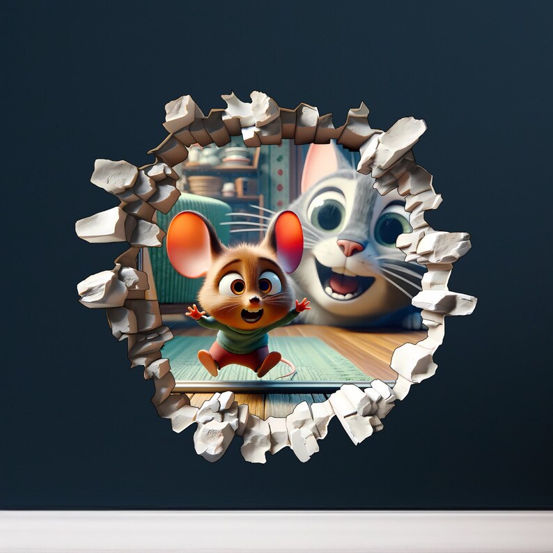 Scared Cute Mouse Mouse Hole Decal Running Away From Cat Whimsical Wall ...
