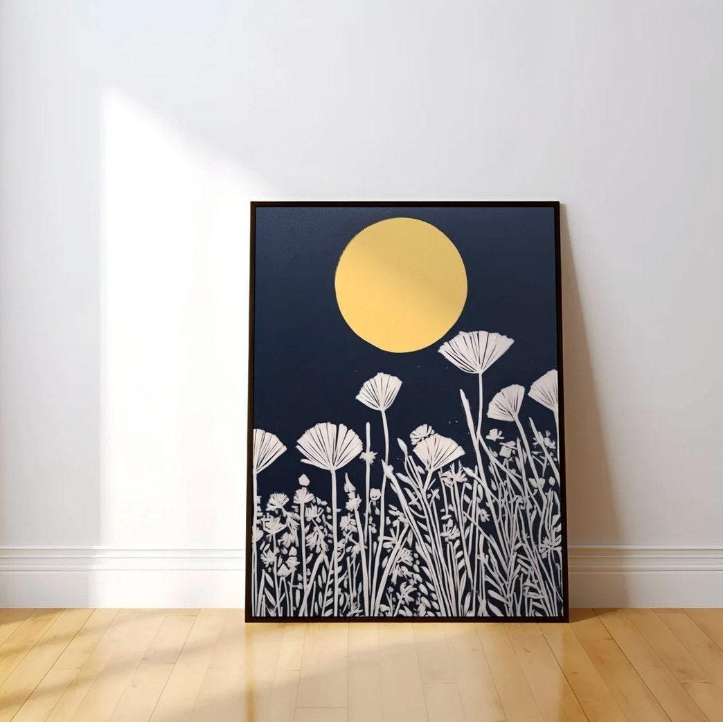 Moonlit Serenity: Yellow Moon & White Floral Art | Persian Blue ...