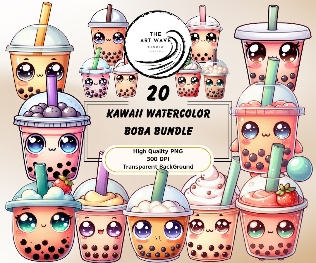 Kawaii Watercolor Boba Bundle, 20 Sublimation PNG, Cricut Silhouette ...