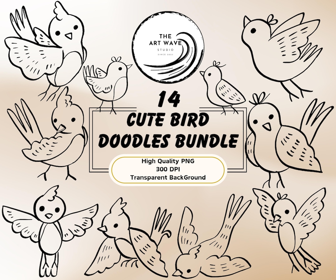 Cute Bird Doodles Bundle, 14 PNG, Cricut Silhouette Graphics, Intricate ...