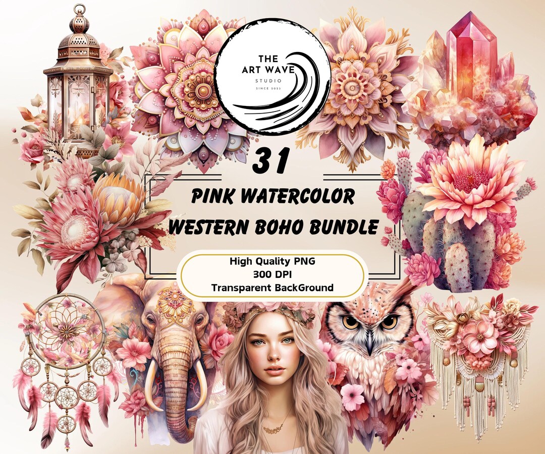 Pink Watercolor Western Boho Bundle, 31 PNG, Cricut Silhouette Graphics ...
