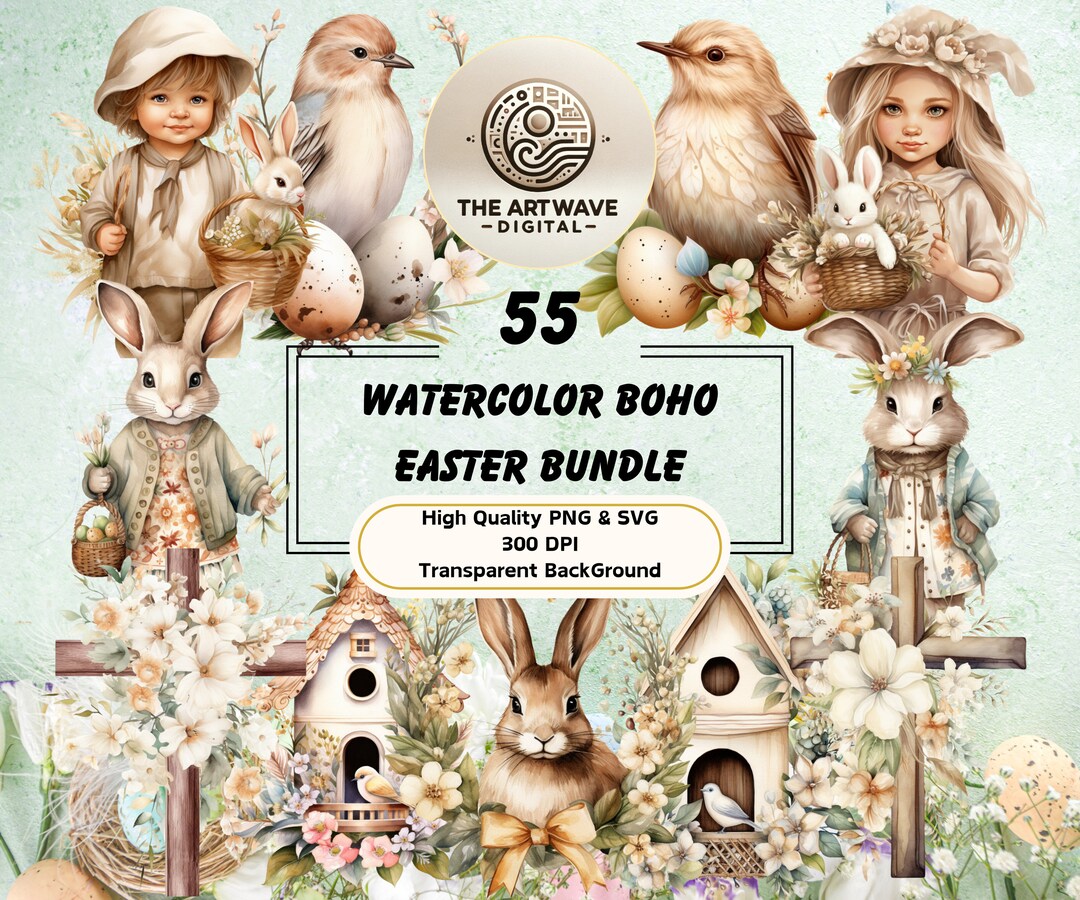 Watercolor Boho Easter Bundle, 50+ Sublimation Svg, Festive Clipart ...