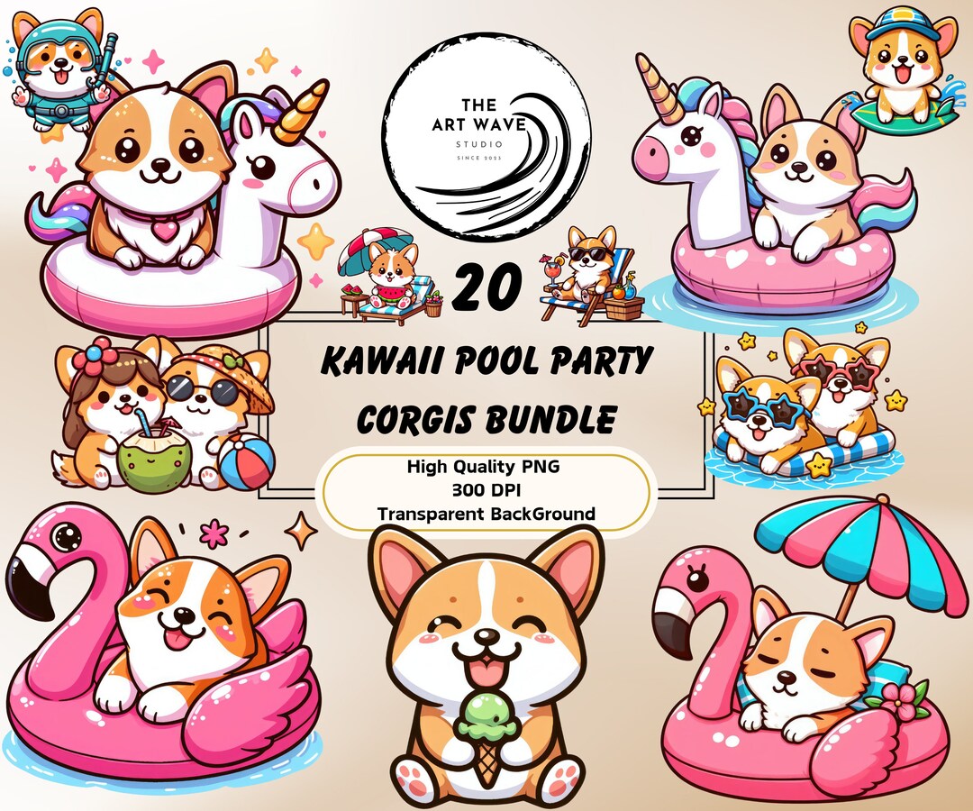 Kawaii Pool Party Corgis Bundle, 20 Sublimation PNG, Cricut Silhouette ...
