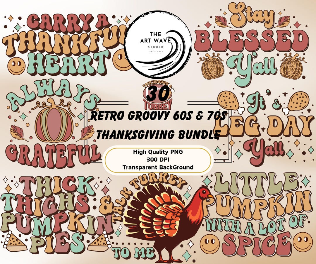 Retro Groovy 60s & 70s Thanksgiving Bundle, 30 PNG Cliparts, Cricut ...