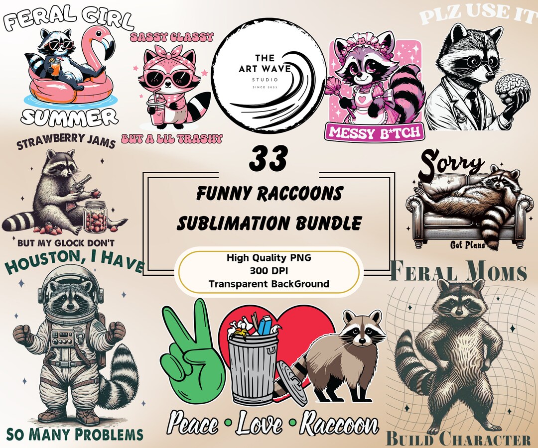 Funny Raccoons Sublimation Bundle, 30+ Cute Designs PNG, Cricut ...