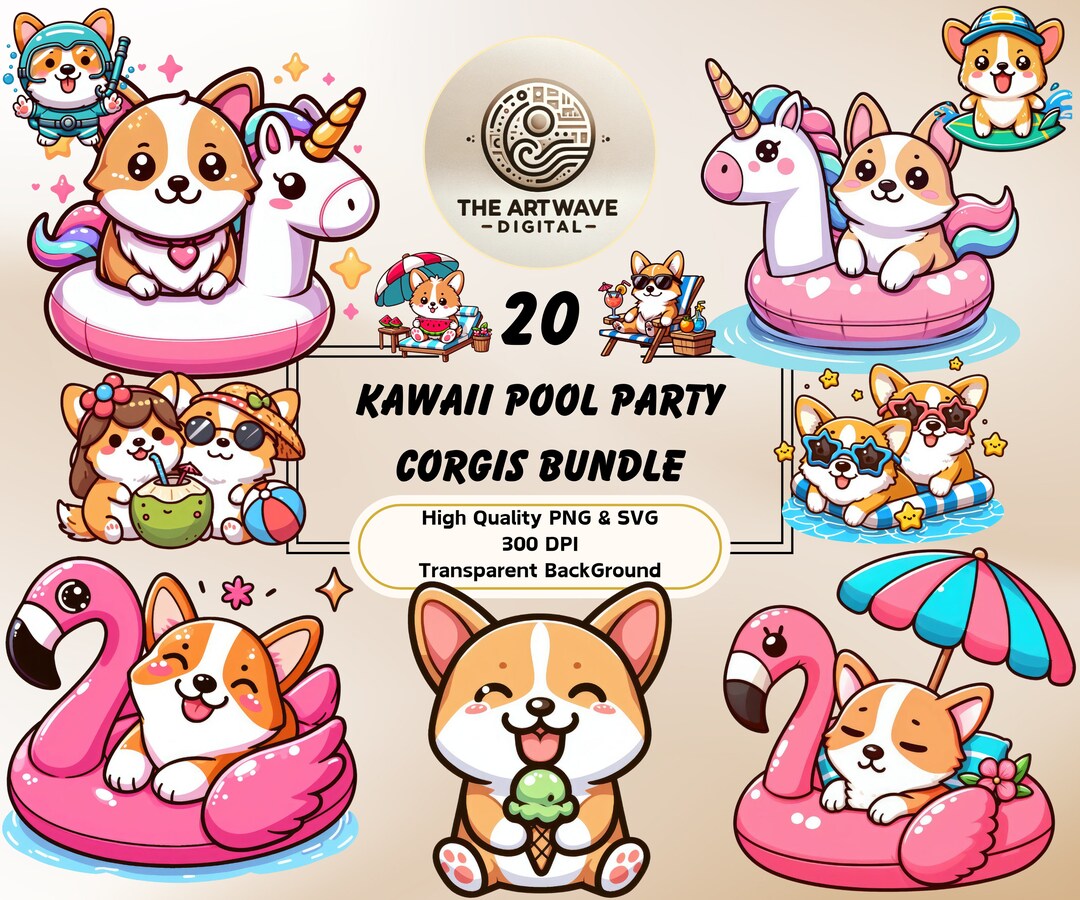 Kawaii Pool Party Corgis Bundle, 20 Sublimation Svg, Cricut Silhouette ...