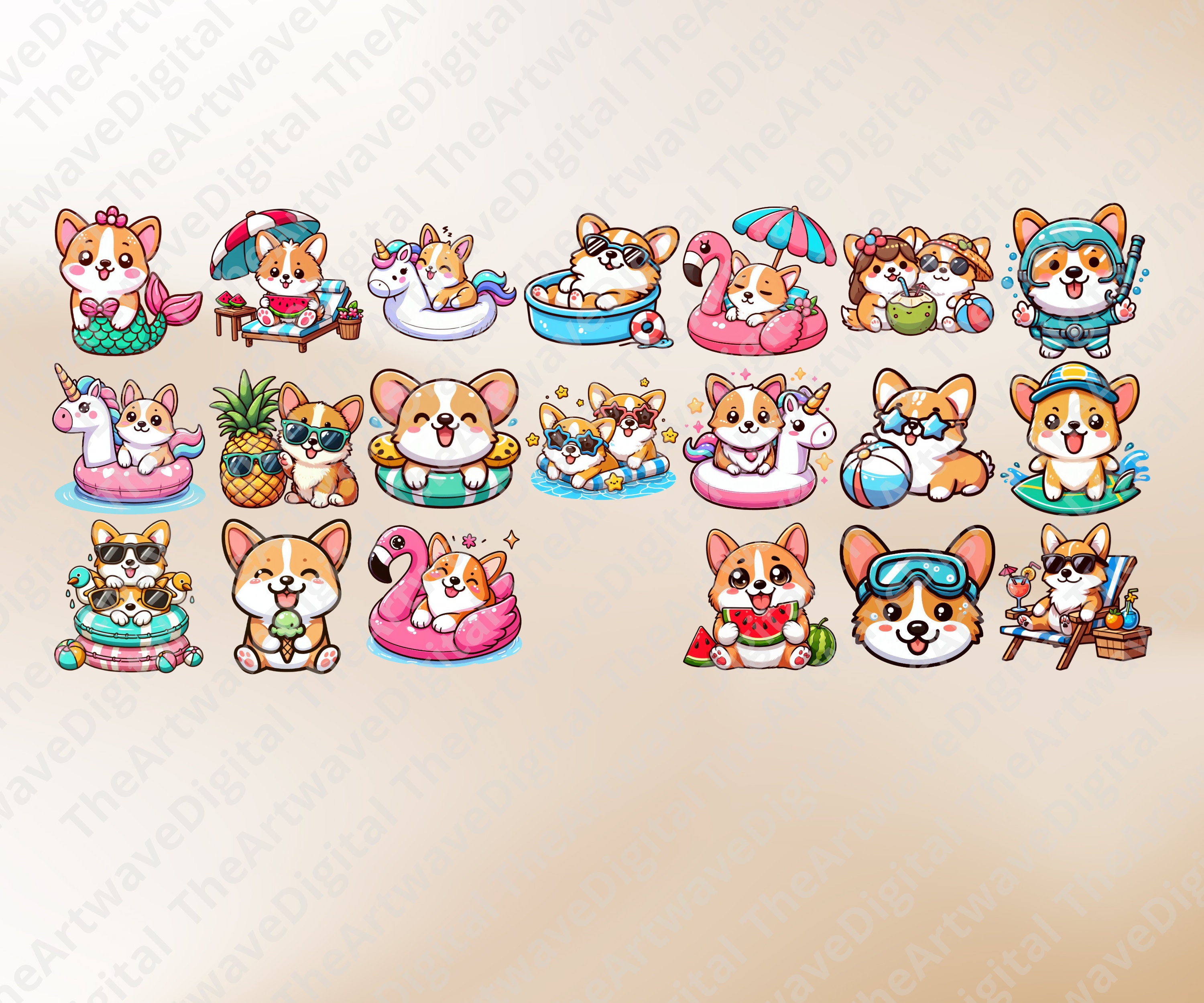 Kawaii Pool Party Corgis Bundle, 20 Sublimation PNG, Cricut Silhouette ...