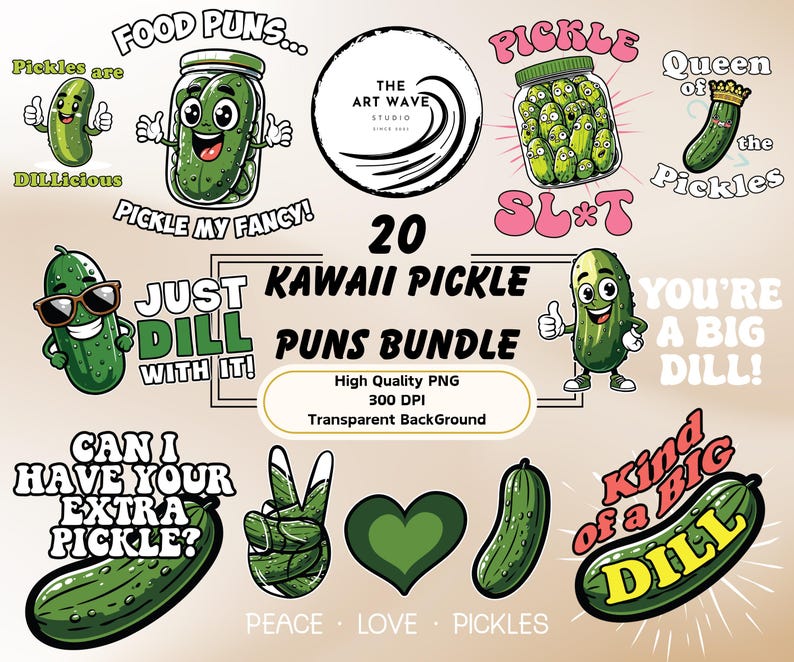 Kawaii Pickle Puns Bundle, 20 Clipart PNG, Cricut Silhouette Graphics ...