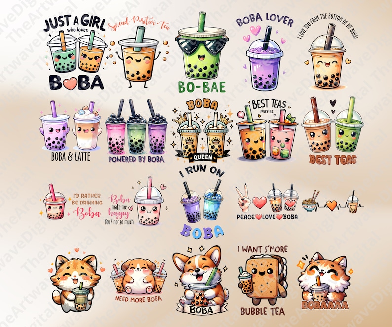 Cute Boba Sublimation Bundle, 20 Clipart PNG, Cricut Silhouette ...