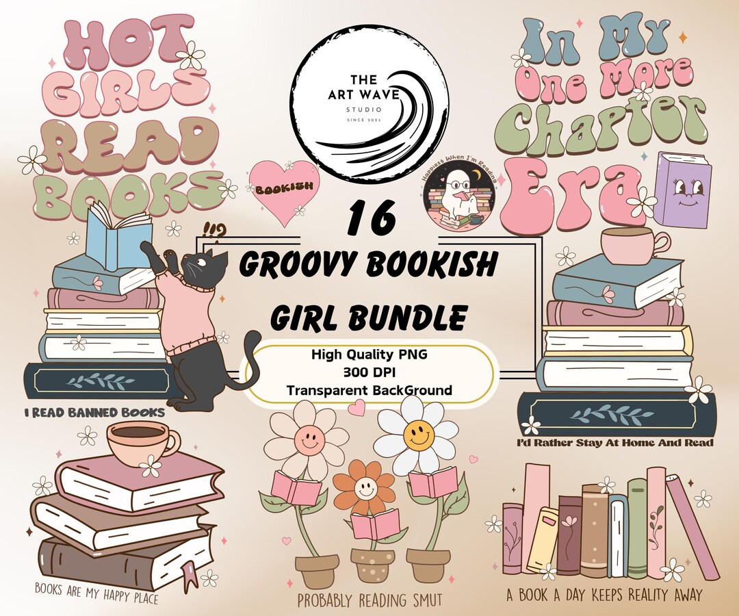 Groovy Bookish Girl Bundle, 16 PNG Cliparts, Cricut Silhouette Graphics ...