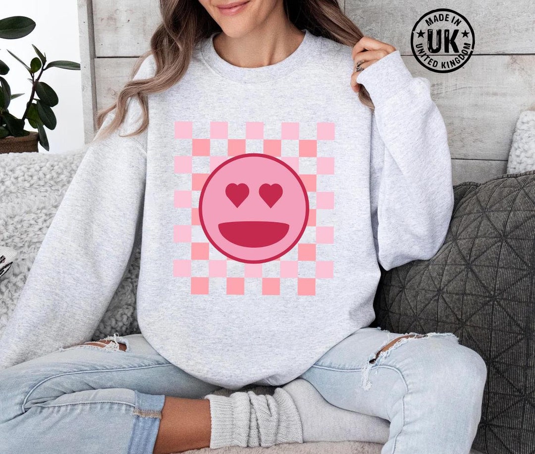 Trendy Checkered Smiley Face Sweatshirt, Cute Smiley Face Crewneck ...