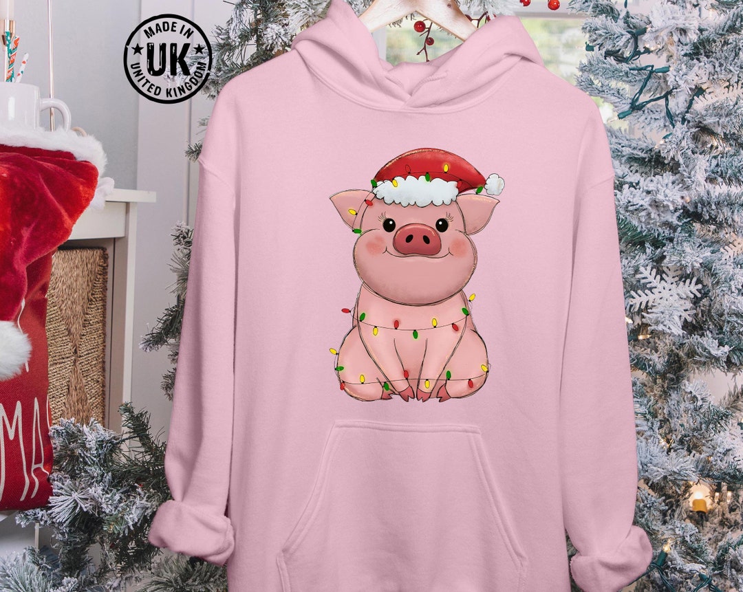 Retro Christmas Pig Hoodie, Cute Pink Pig With Lights Printed Jumpers ...
