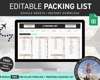 EDITABLE Travel Packing List, Google Sheets, Packing List Template ...