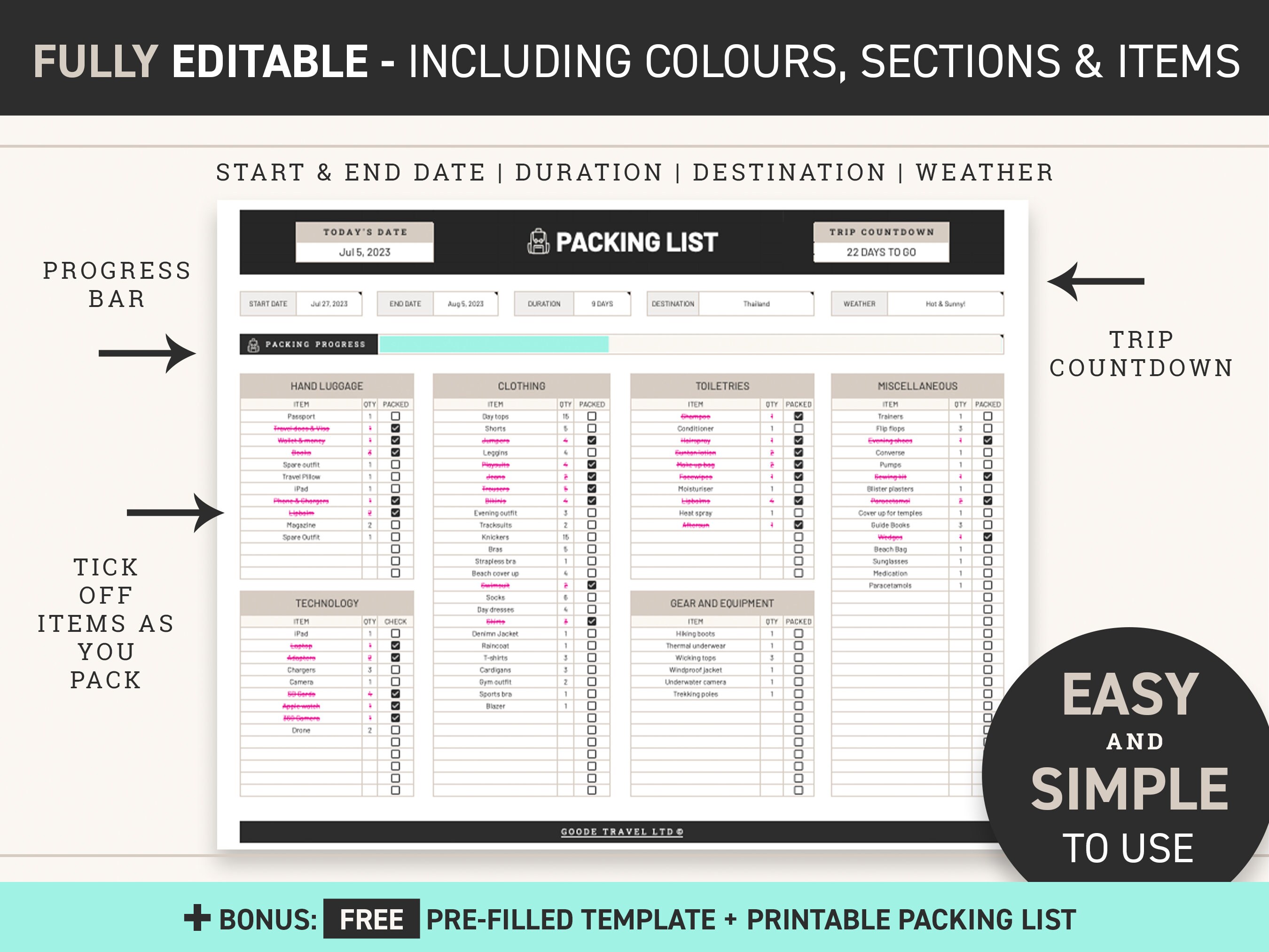 Travel Packing List, Packing List, Google Sheets, Spreadsheet Template ...