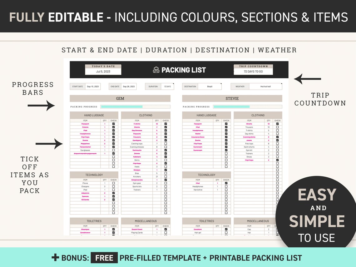 Group Packing List, Google Sheets Packing List, Group Travel Organiser ...
