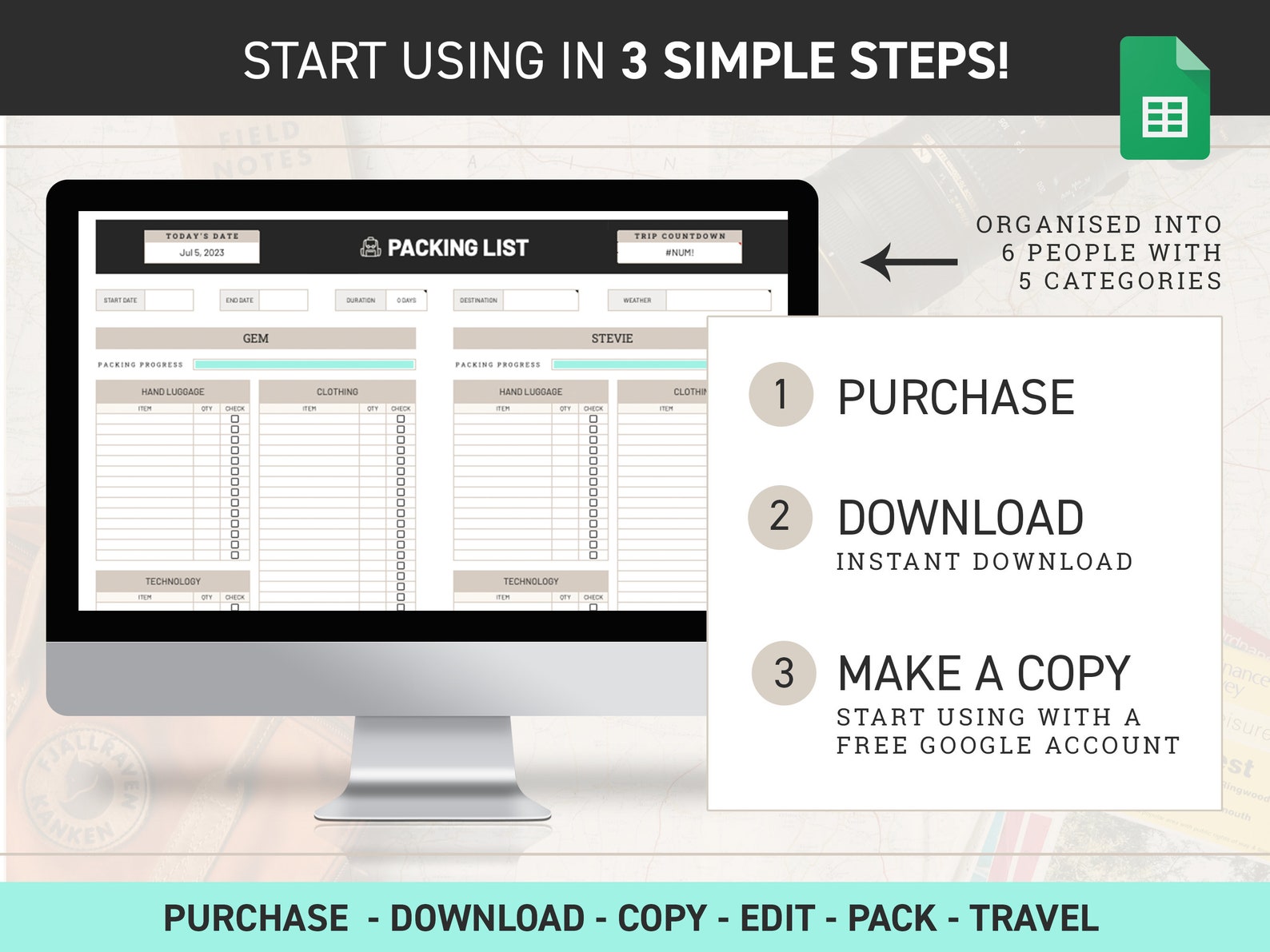 Group Packing List, Google Sheets Packing List, Group Travel Organiser ...