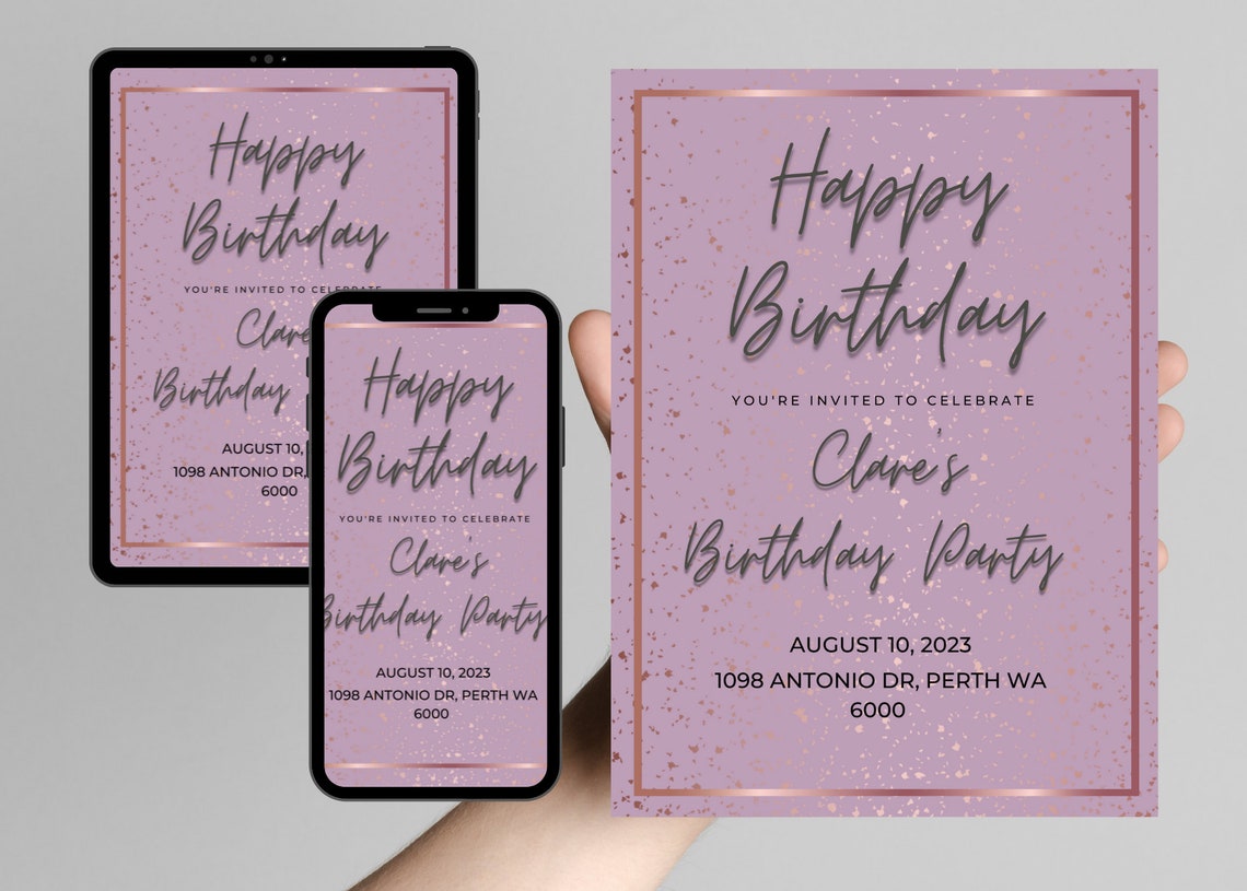 Digital Birthday Invite Pink & Rose Gold, Editable Birthday Invite is ...
