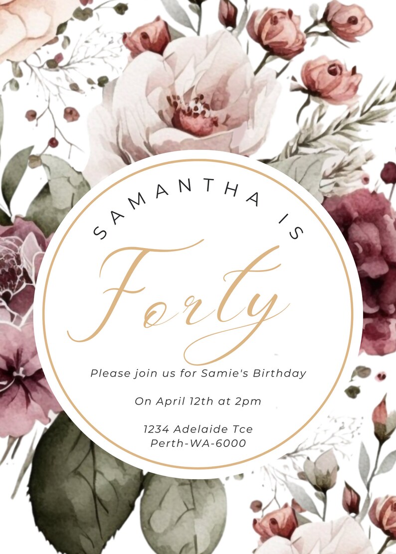 Dusty Rose 40th Digital Birthday Invite, Canva Editable Template ...