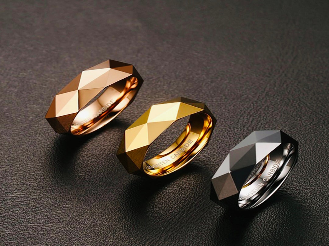 Tungsten Carbide Men Women Wedding Band Ring, 18K Rose Gold Rhombus ...