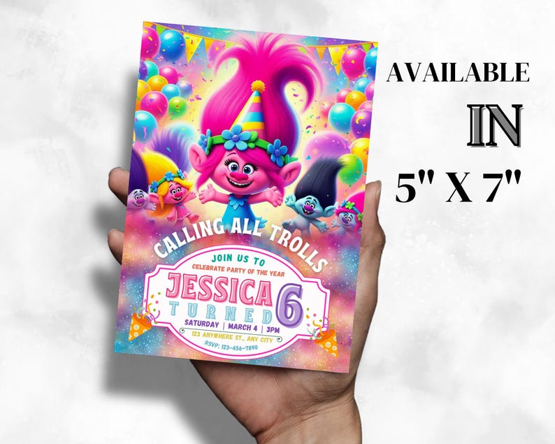 Editable Trolls Birthday Invitation Template (5x7) (digital Download ...