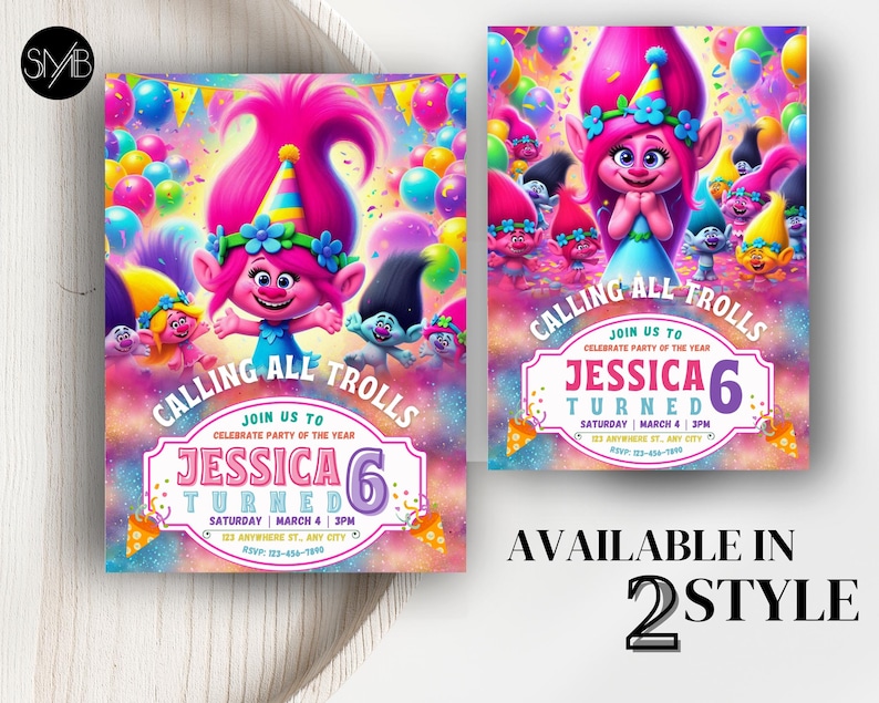 Editable Trolls Birthday Invitation Template (5x7) (digital Download ...