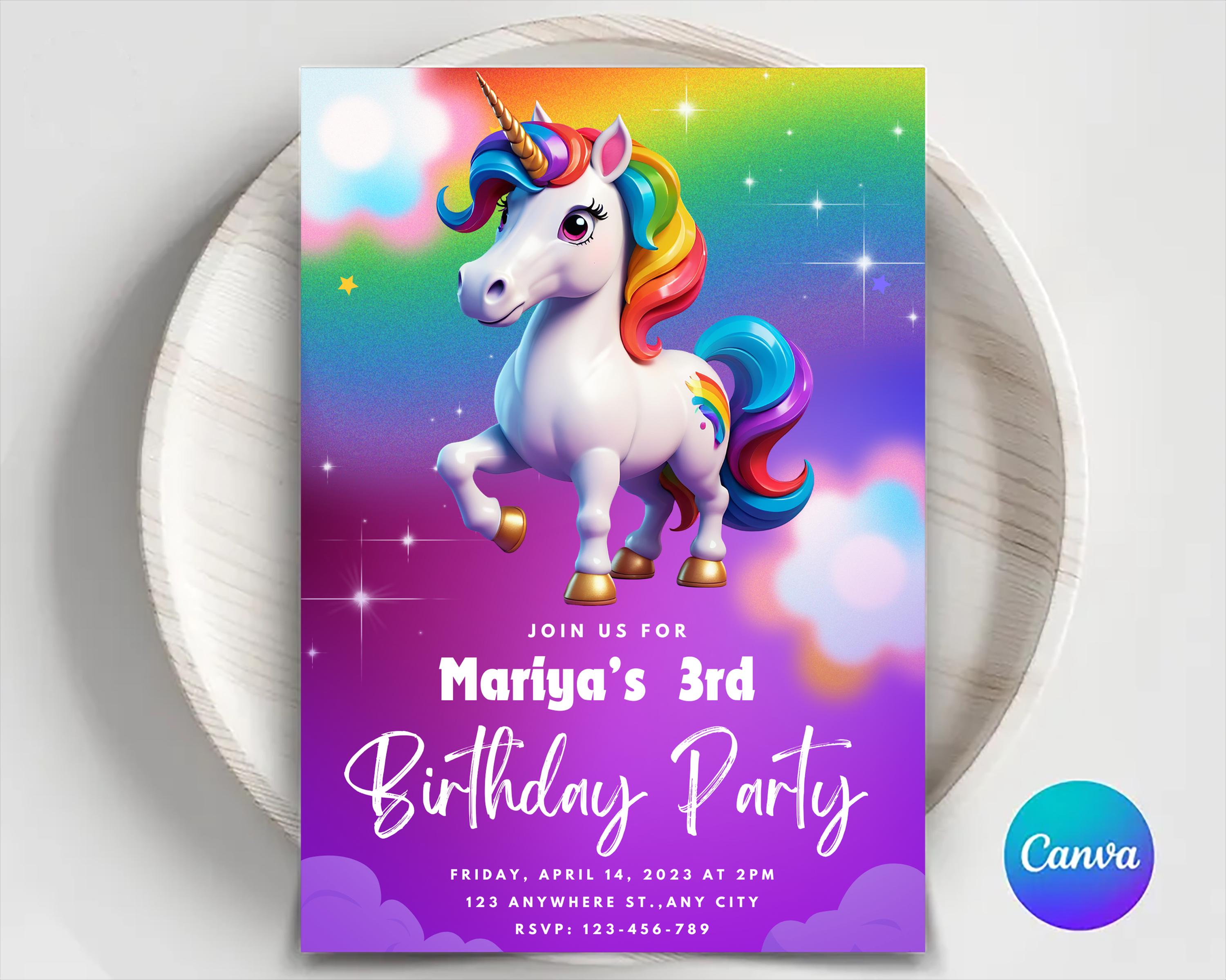 Editable Unicorn Birthday Invitation: Rainbow Sparkle Party (canva ...