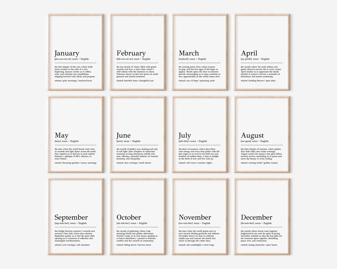 Monthly Definition Prints: Minimalist Typography Wall Art (set of 12 ...