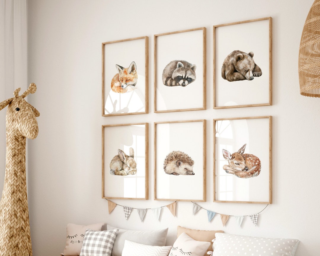 Sleeping Woodland Animal Prints: Nursery Decor Set of 6 (digital ...
