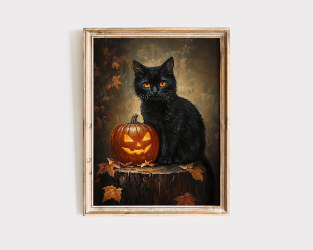 Halloween Cat & Pumpkin Art Print: Spooky Season Decor (digital ...