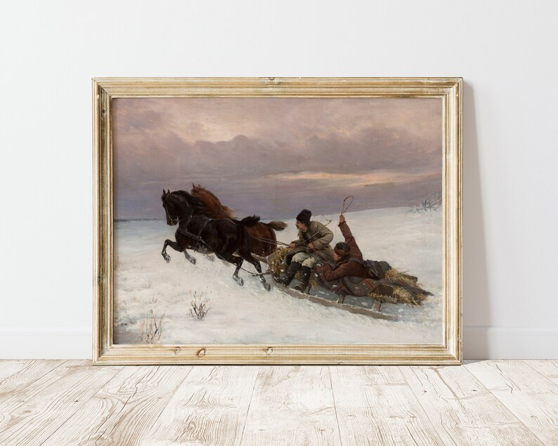 Winter Sleigh Ride Painting Winter Wall Art Digital Print Farmhouse ...