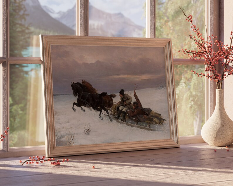 Winter Sleigh Ride Painting Winter Wall Art Digital Print Farmhouse ...