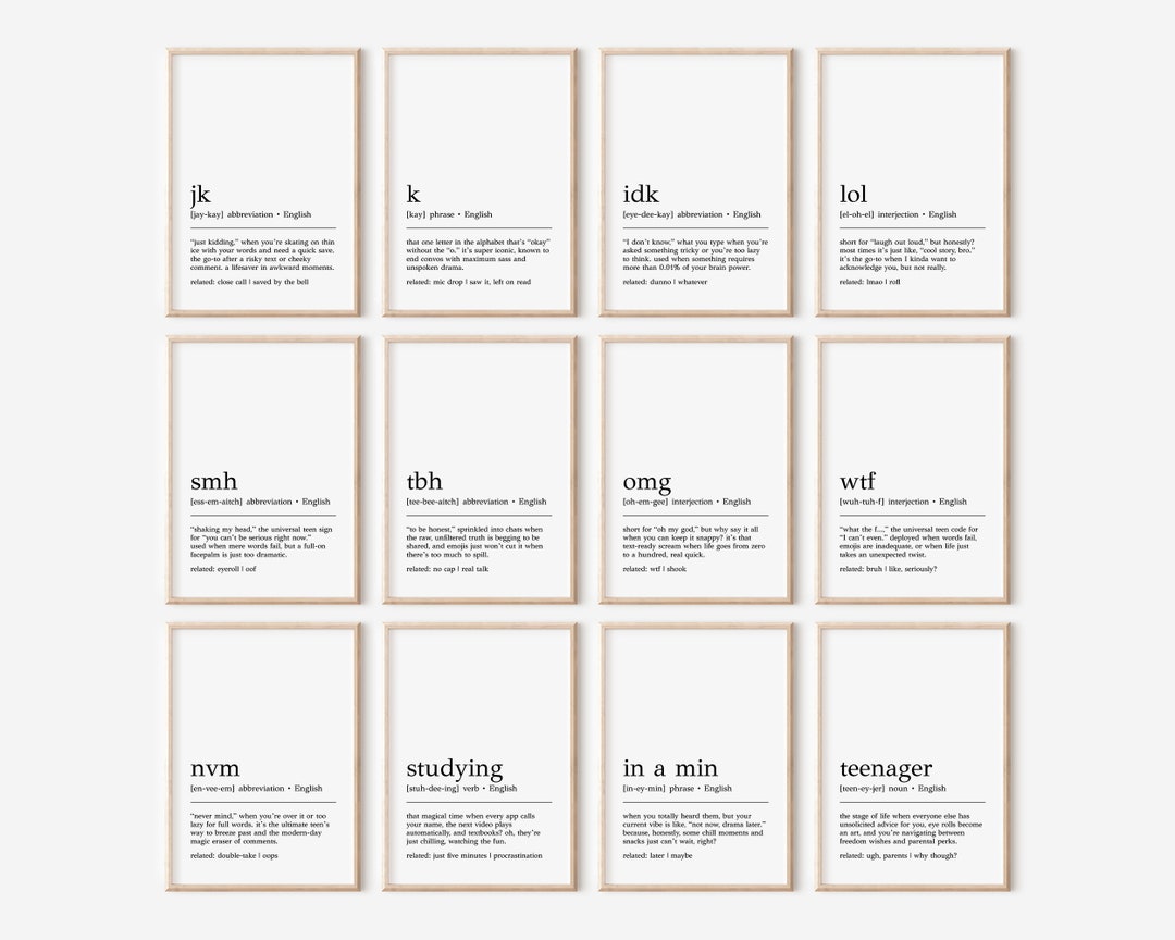 Funny Teen Lingo Definition Prints: Set of 12 Typography Posters ...