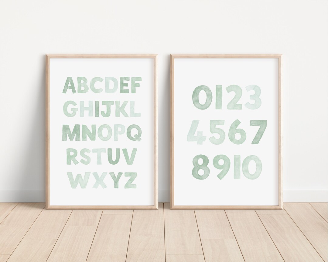 Green Alphabet and Numbers Posters | Set of 2 Educational Prints ...