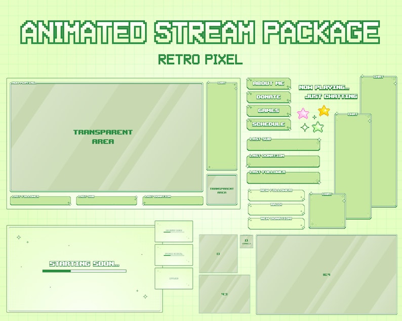 Animated Cozy Twitch Overlay Stream Package Twitch Overlay Green Retro ...