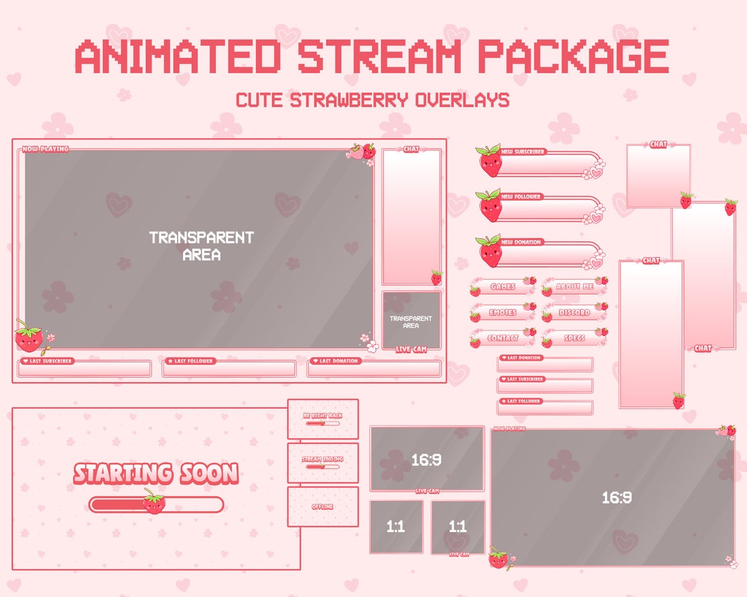 Animated Cozy Twitch Overlay Stream Package | Cute Kawaii Strawberry ...