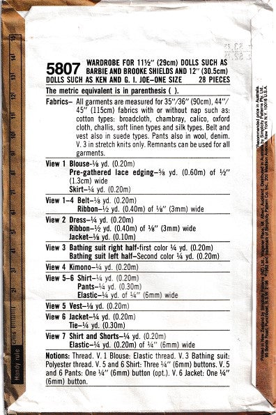 Simplicity 5807: Sewing Pattern for 11.5"and 12"dolls, Barbie, Ken ...