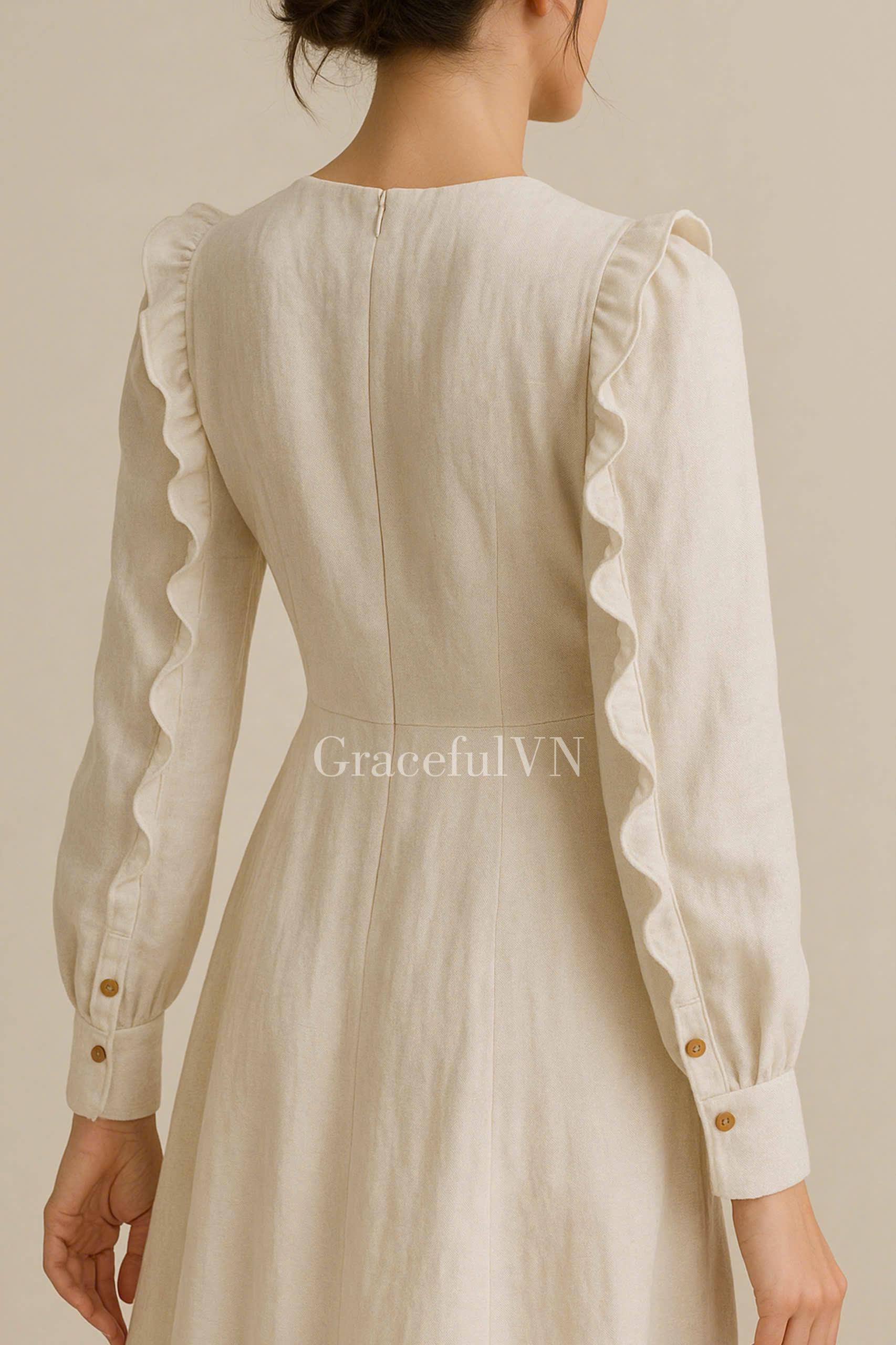 Handmade Linen Dress Ruffle Sleeve Bridemaid Linen Dress Full Sleeve ...