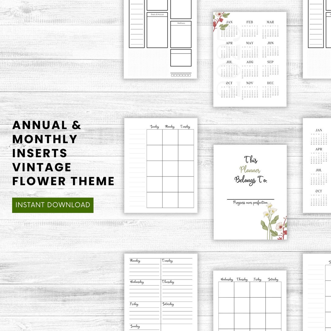 Calendar Planner Inserts Vintage Flower Undated Planner Inserts ...