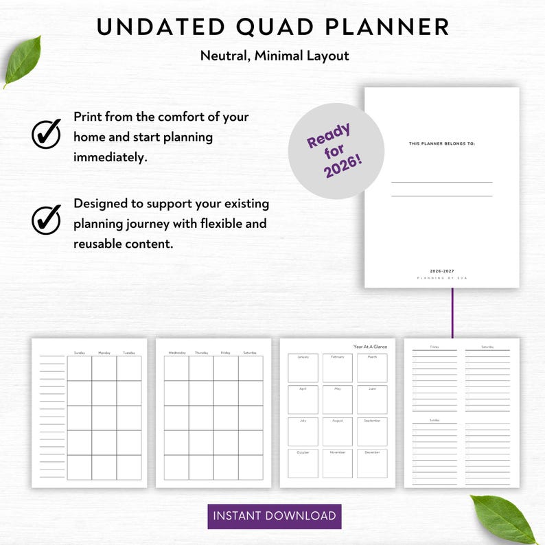 Undated Quad Planner Layout - Minimal Neutral Design | Printable PDF ...
