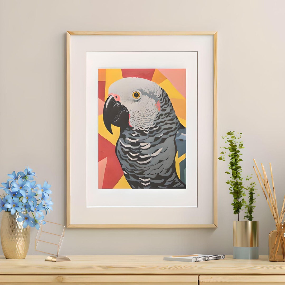 Grey Parrot Modern Art Print - Passepartout Paper Frame - Colorful ...