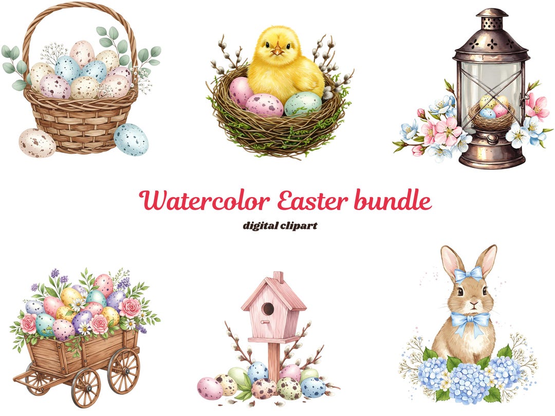 Watercolor Easter Bundle Collection Clipart, 40+ PNG Easter Clipart ...