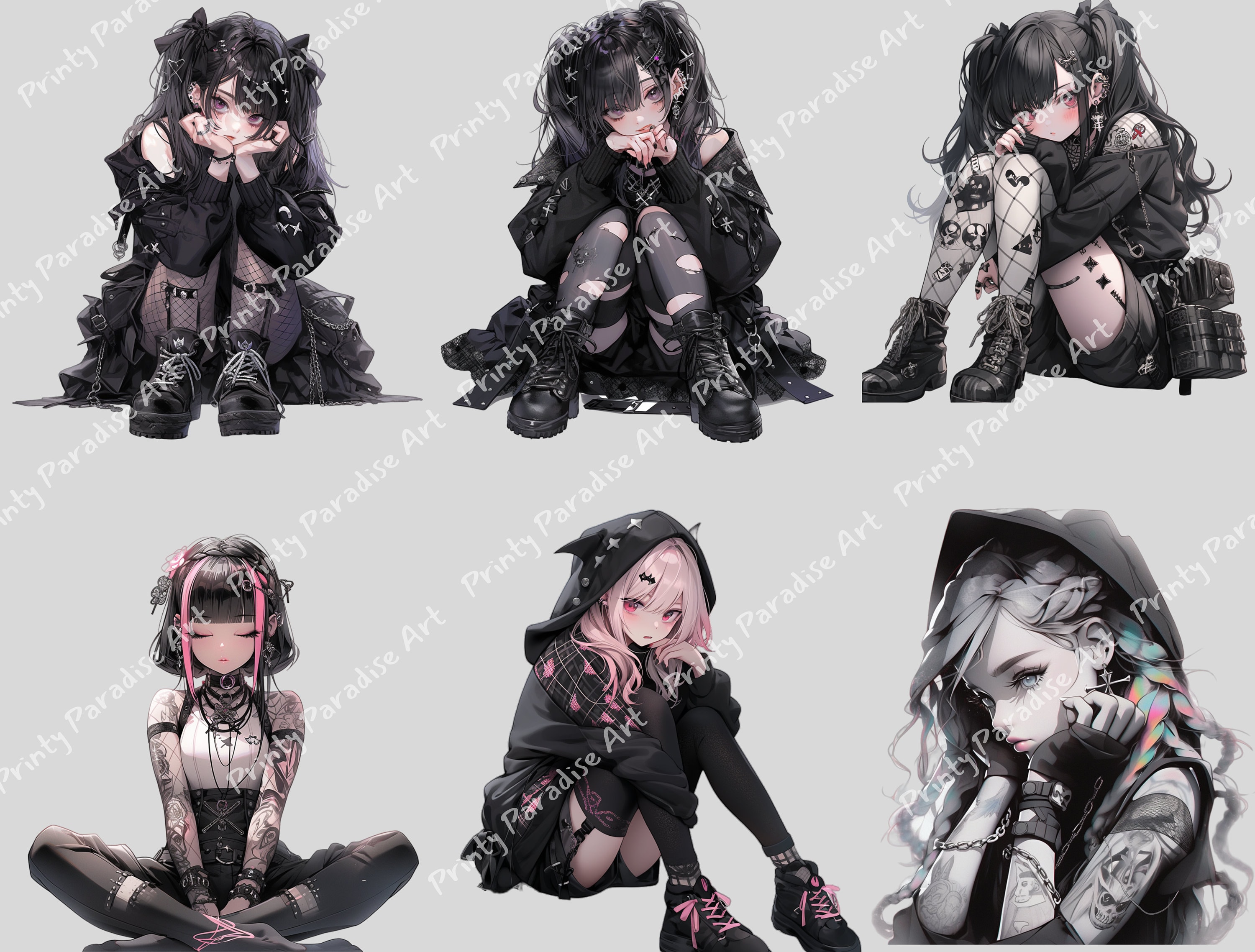 20+ Sitting Gothic Anime Girl PNG Bundle, Lofi Chill Waifu Clipart ...