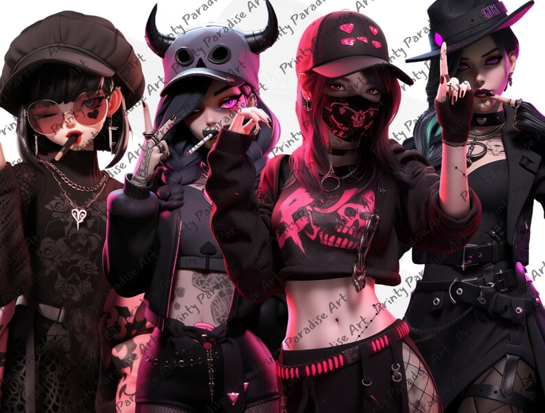 Gothic Anime Badass Girl Clipart Bundle 100 Goth Characters Transparent ...